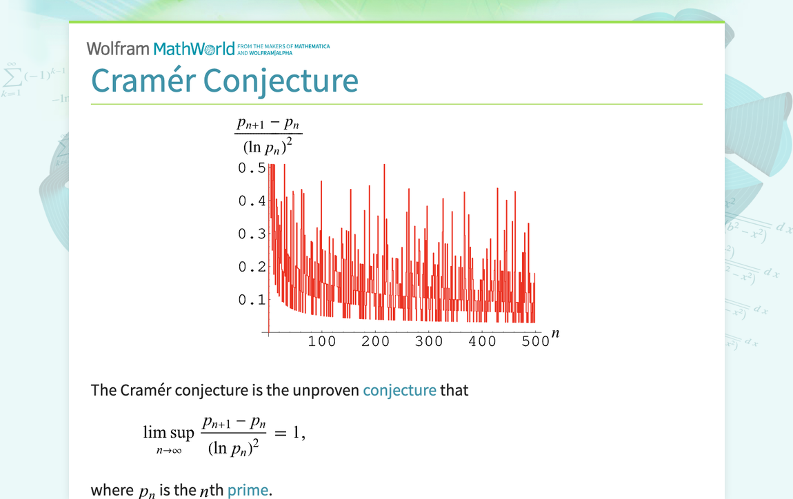 Cramér Conjecture -- from Wolfram MathWorld