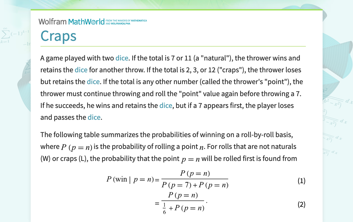 Craps -- from Wolfram MathWorld