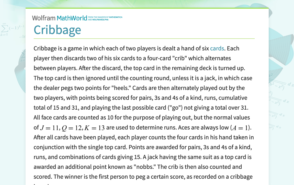 Cribbage -- from Wolfram MathWorld