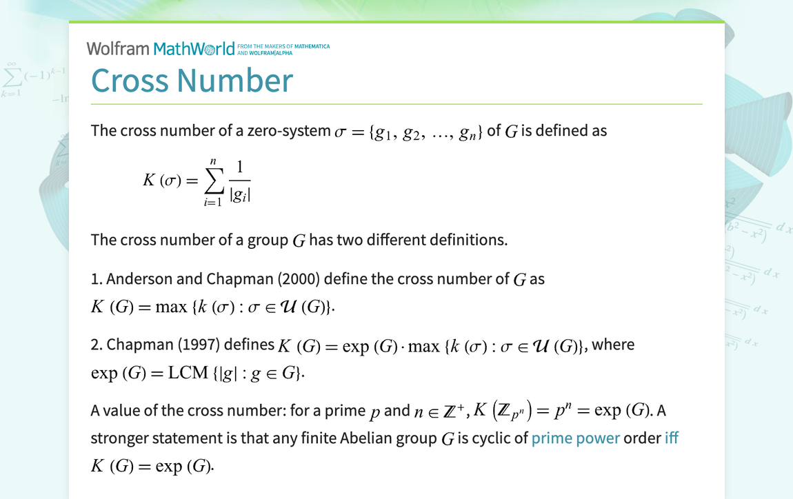 Cross Number -- from Wolfram MathWorld