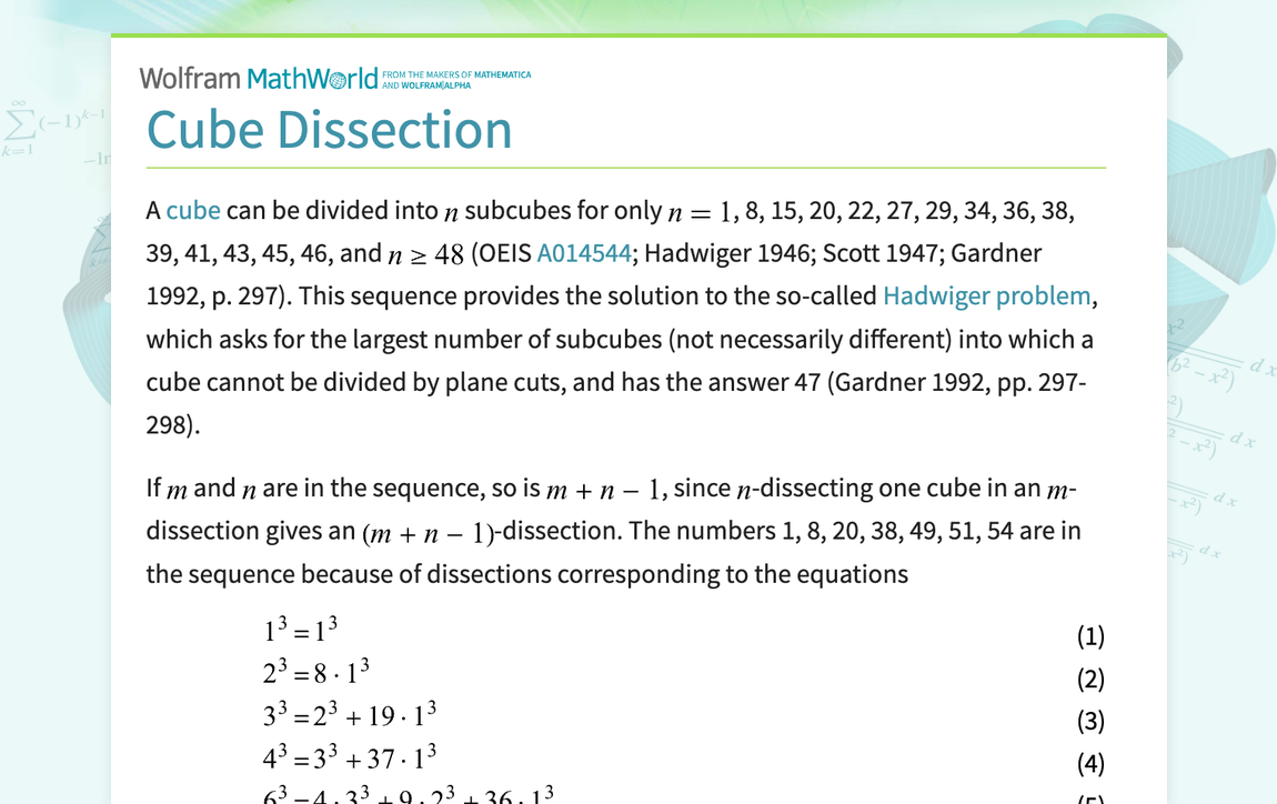 Cube Dissection -- from Wolfram MathWorld