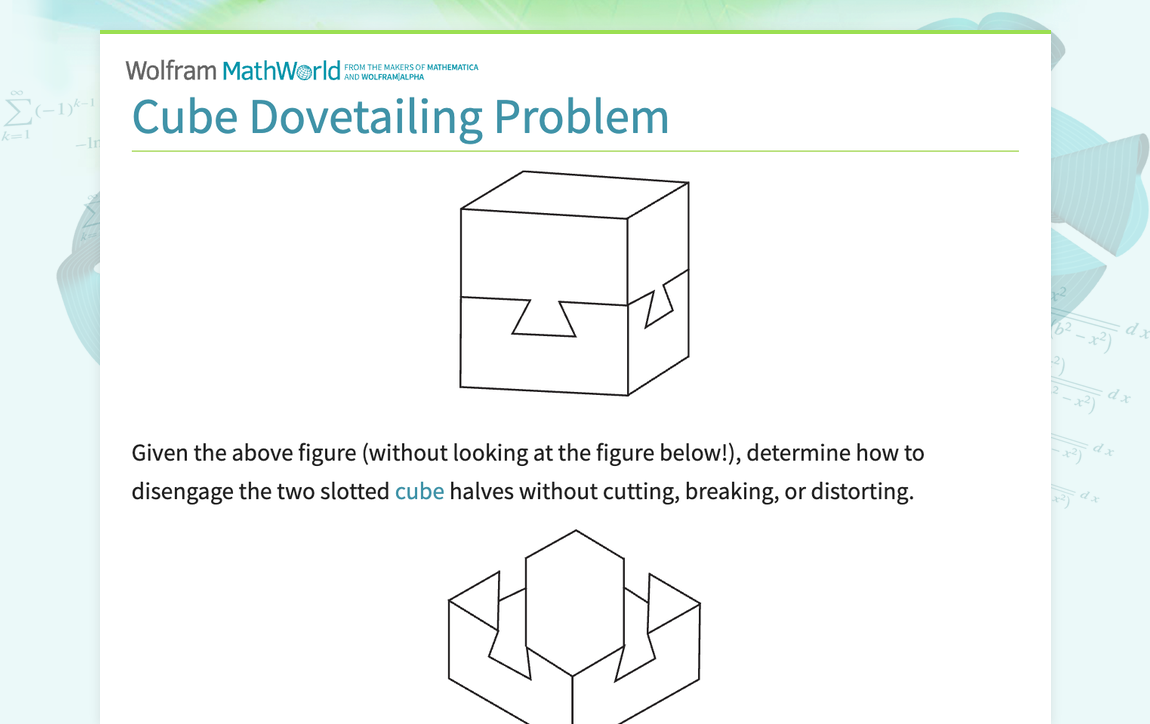 Cube Dovetailing Problem -- from Wolfram MathWorld