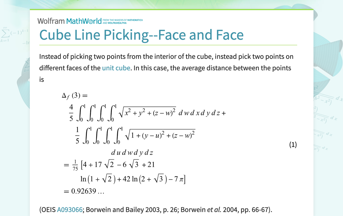 Cube Line Picking--Face and Face -- from Wolfram MathWorld