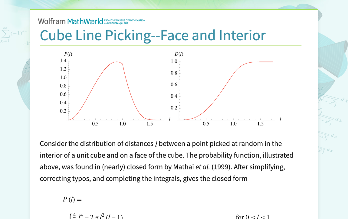 Cube Line Picking--Face and Interior -- from Wolfram MathWorld