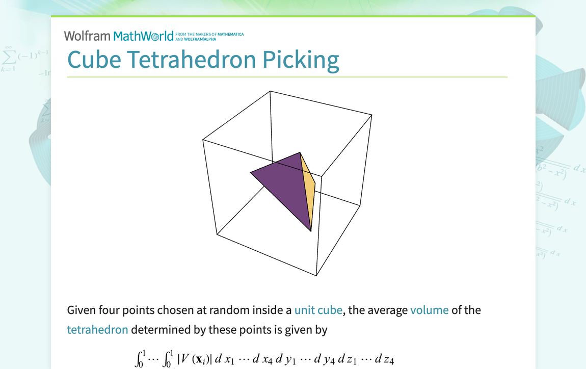 Cube Tetrahedron Picking -- from Wolfram MathWorld
