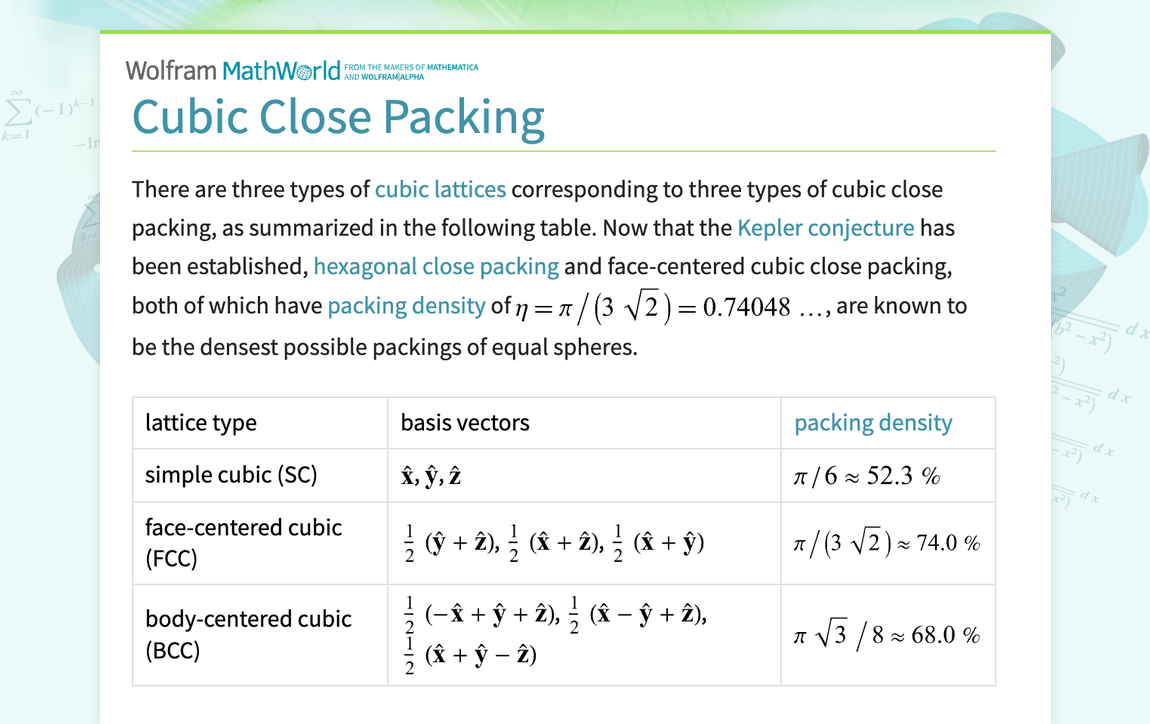 Cubic Close Packing -- from Wolfram MathWorld