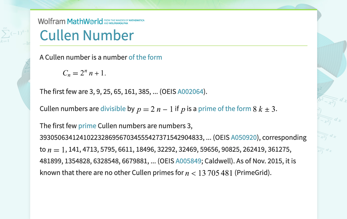 Cullen Number -- from Wolfram MathWorld