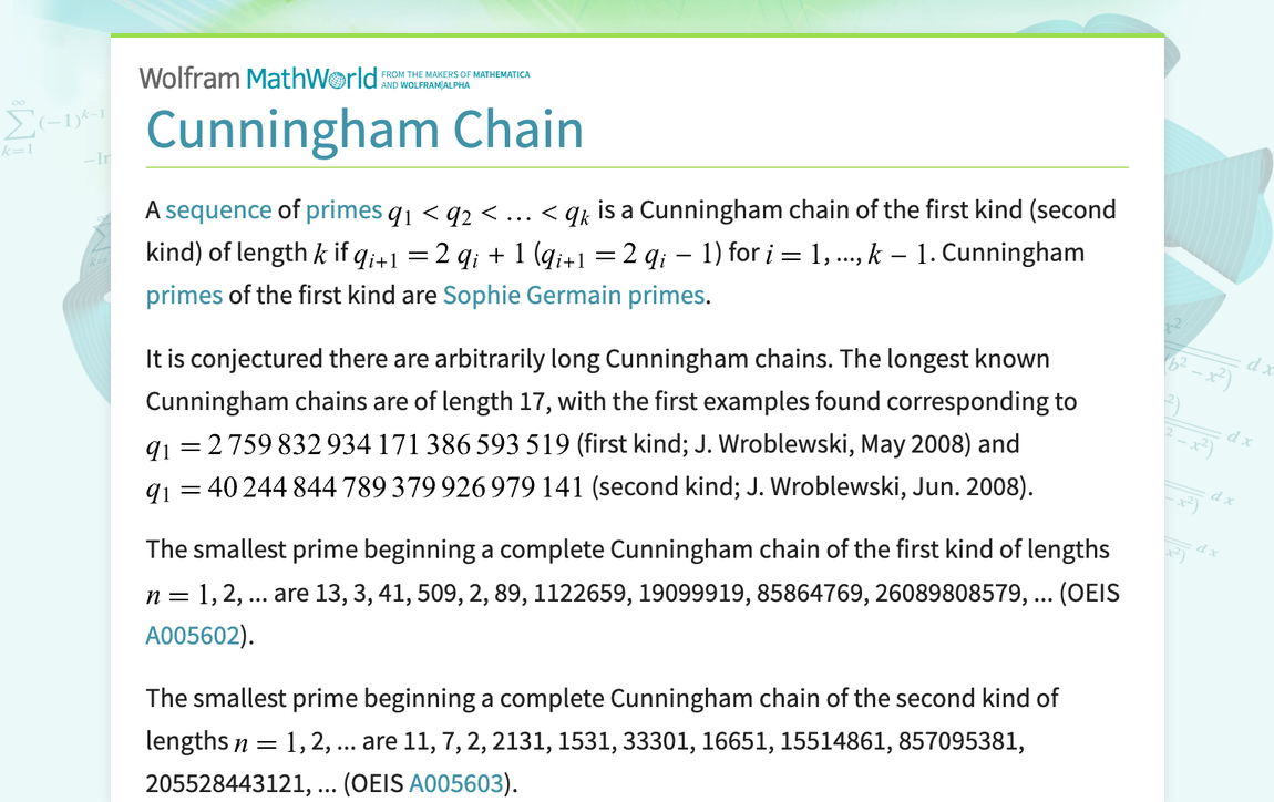 Cunningham Chain -- from Wolfram MathWorld