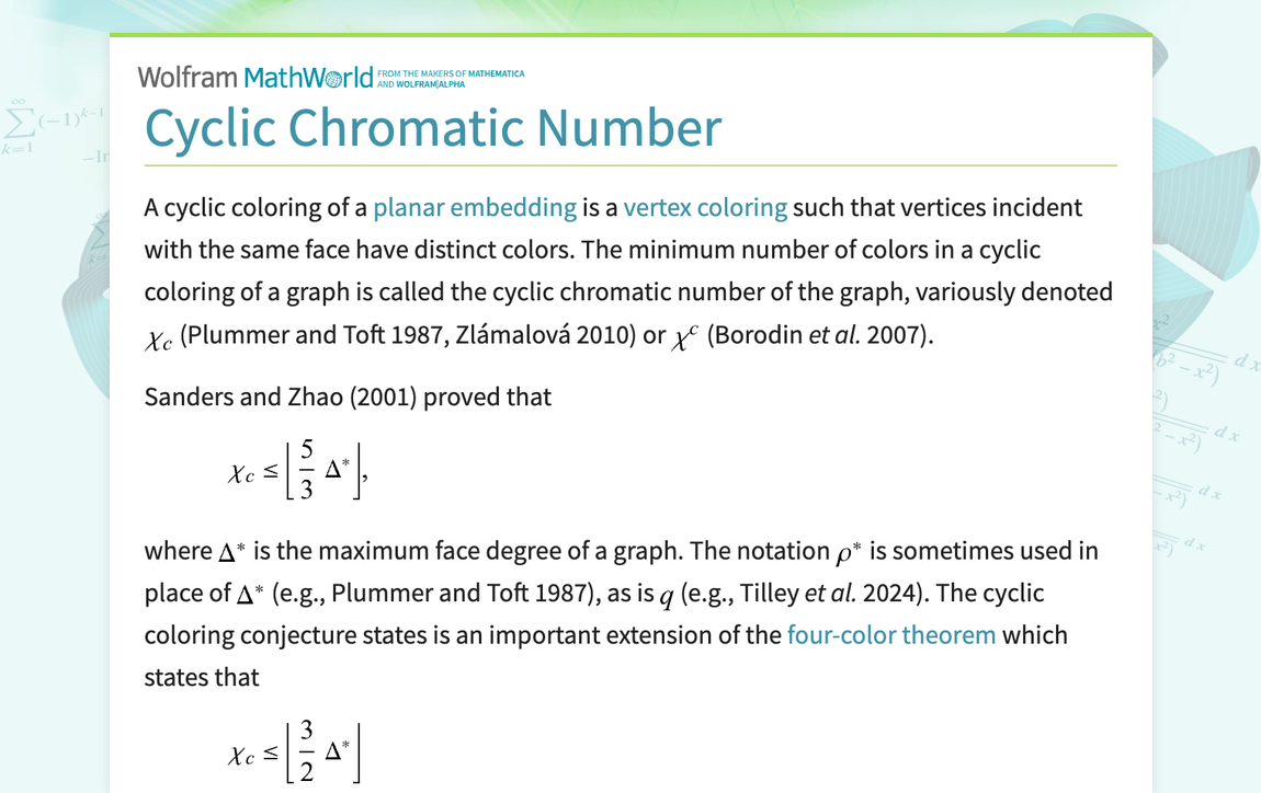 Cyclic Chromatic Number -- from Wolfram MathWorld