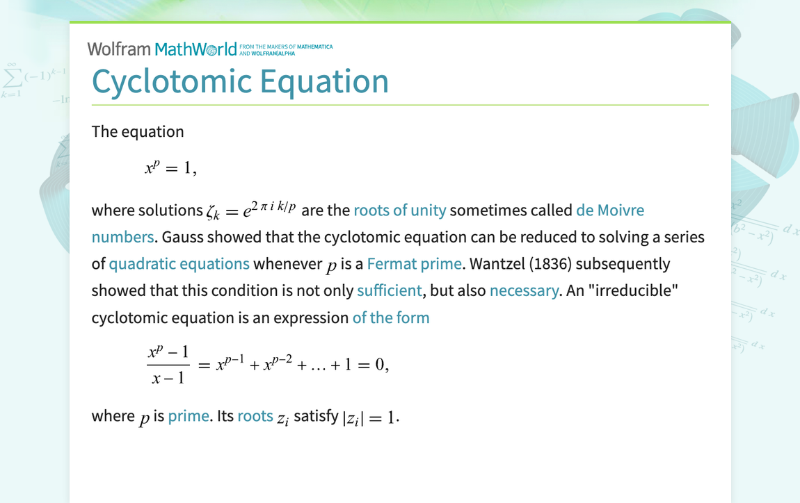 Cyclotomic Equation -- from Wolfram MathWorld