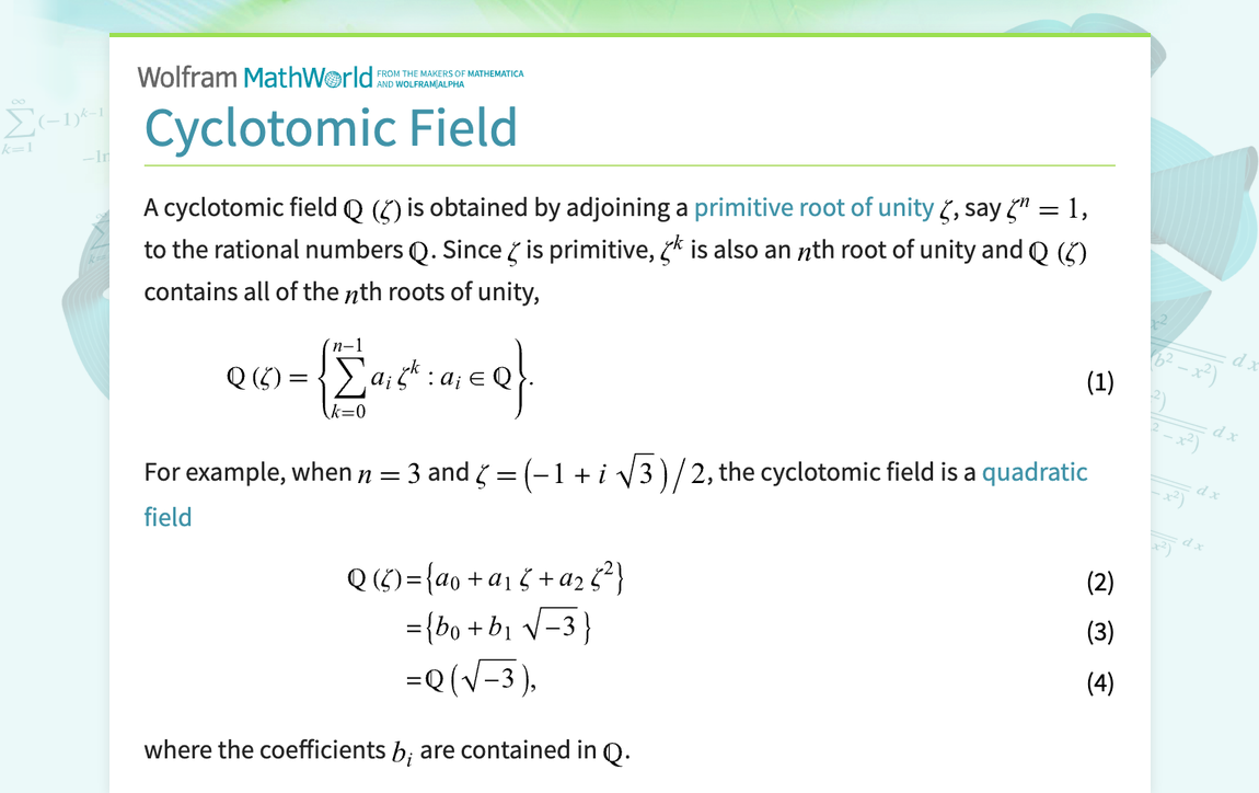 Cyclotomic Field -- from Wolfram MathWorld