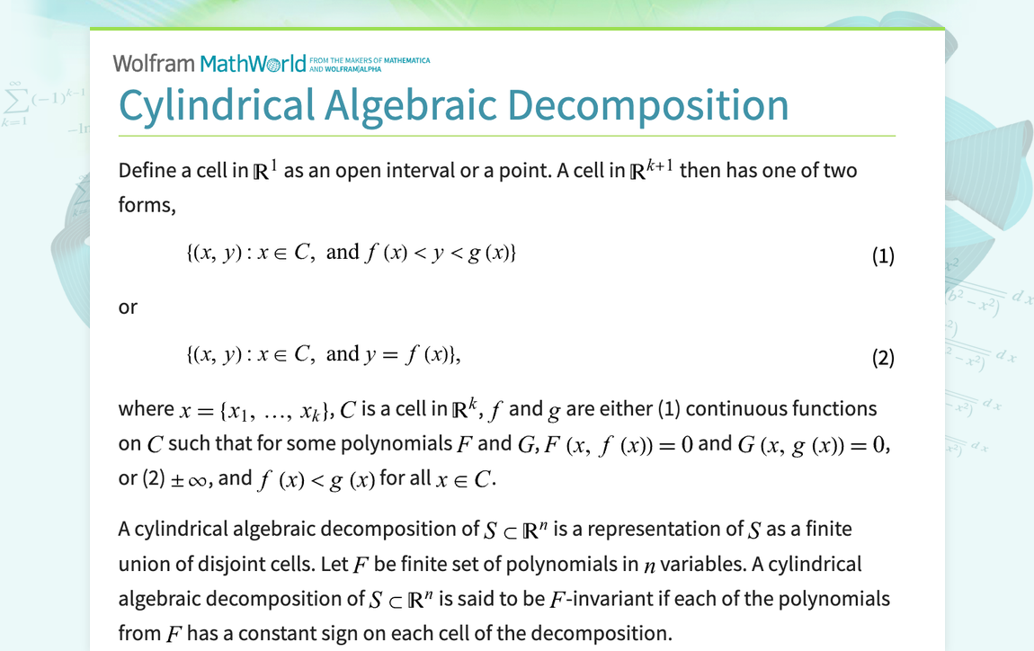 Cylindrical Algebraic Decomposition -- from Wolfram MathWorld