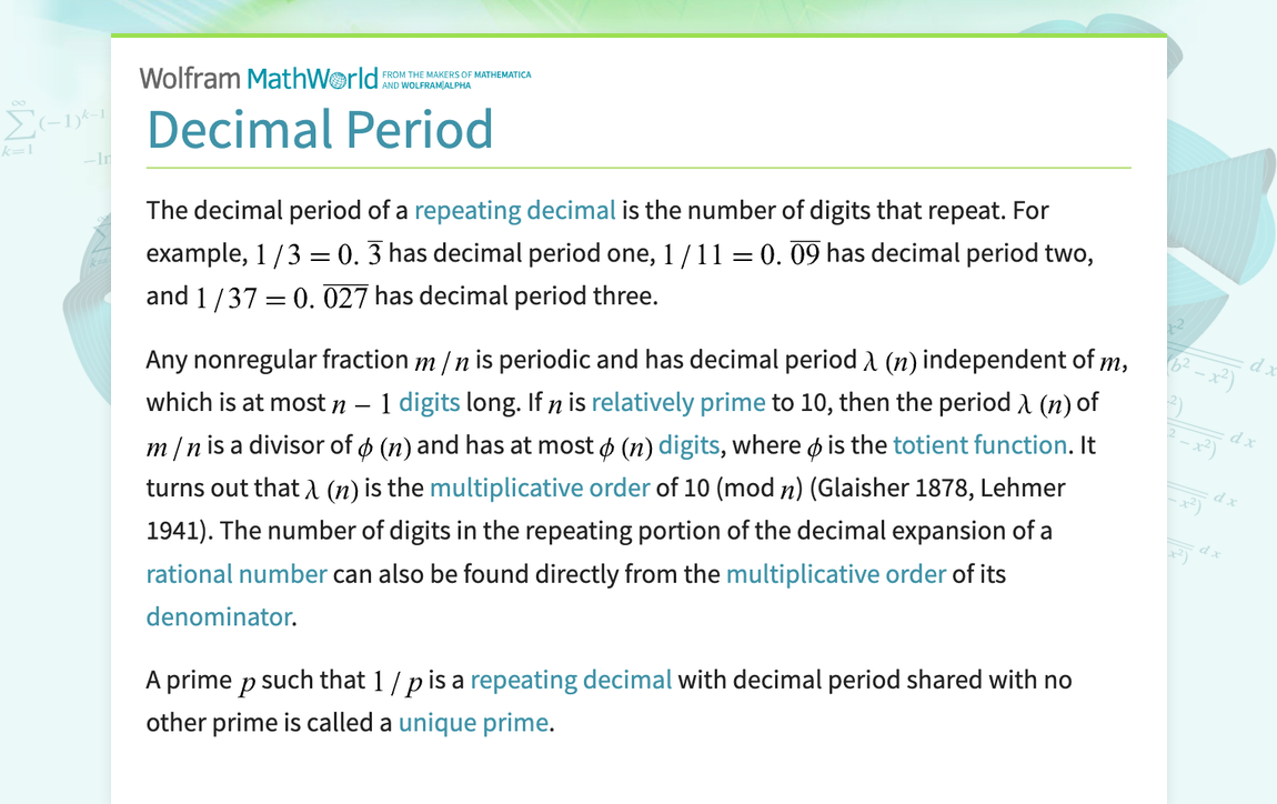 Decimal Period -- from Wolfram MathWorld