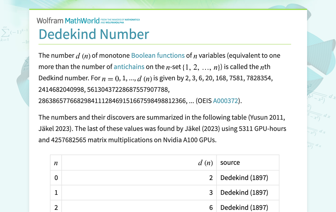 Dedekind Number -- from Wolfram MathWorld