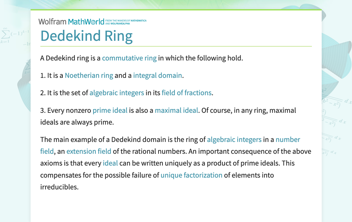 Dedekind Ring -- from Wolfram MathWorld