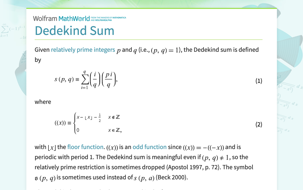 Dedekind Sum -- from Wolfram MathWorld