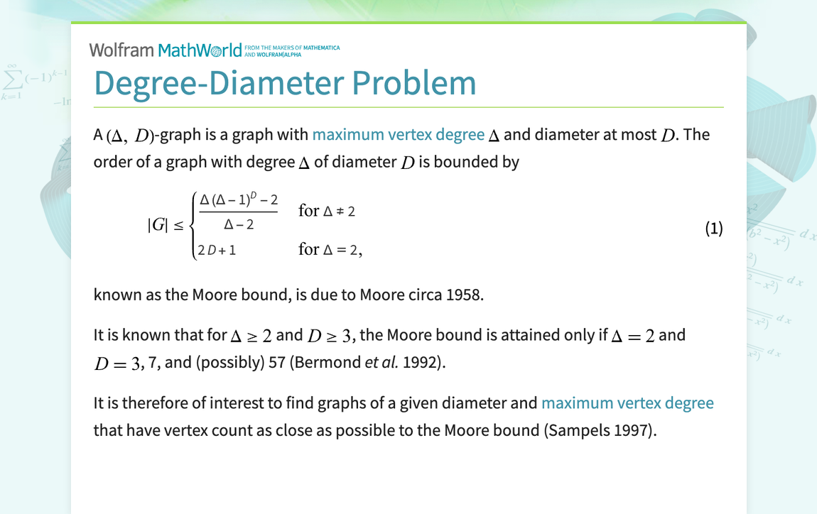 Degree-Diameter Problem -- from Wolfram MathWorld