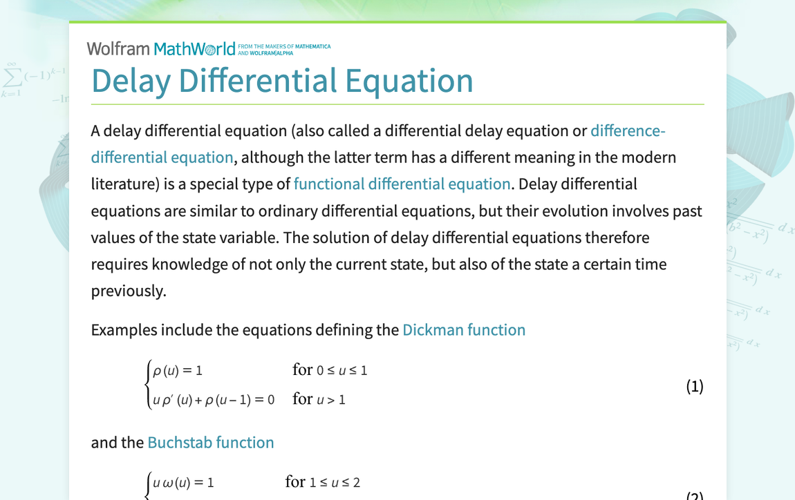 Delay Differential Equation -- from Wolfram MathWorld