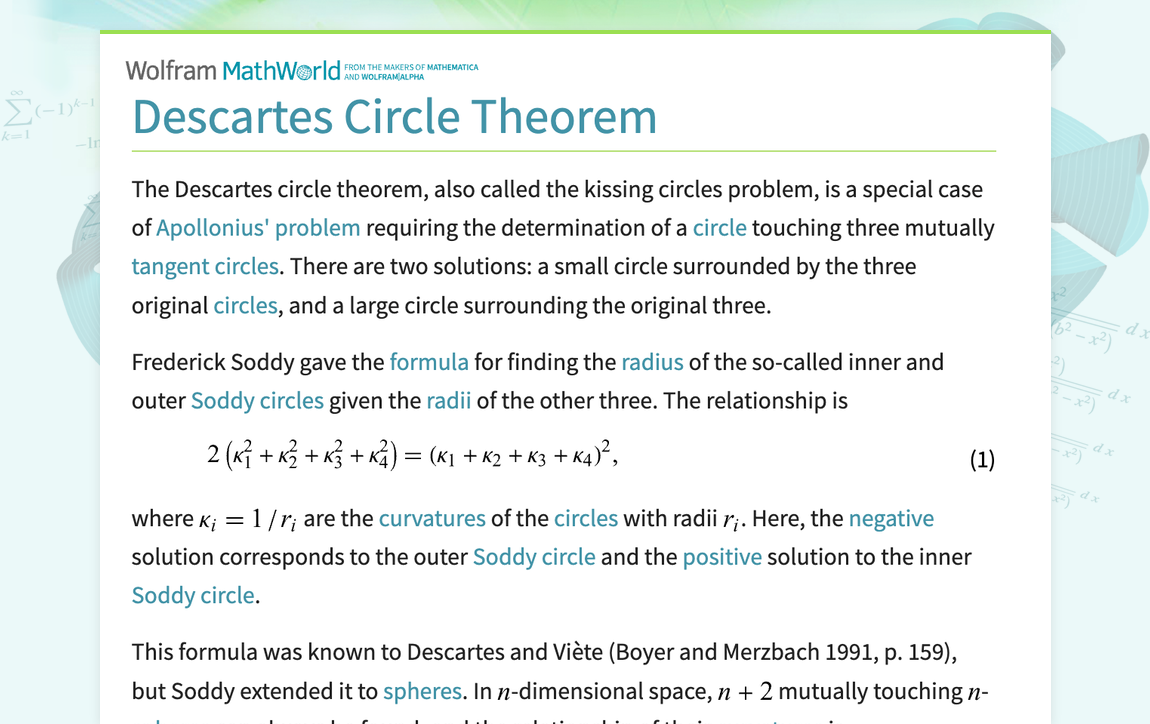 Descartes Circle Theorem -- from Wolfram MathWorld