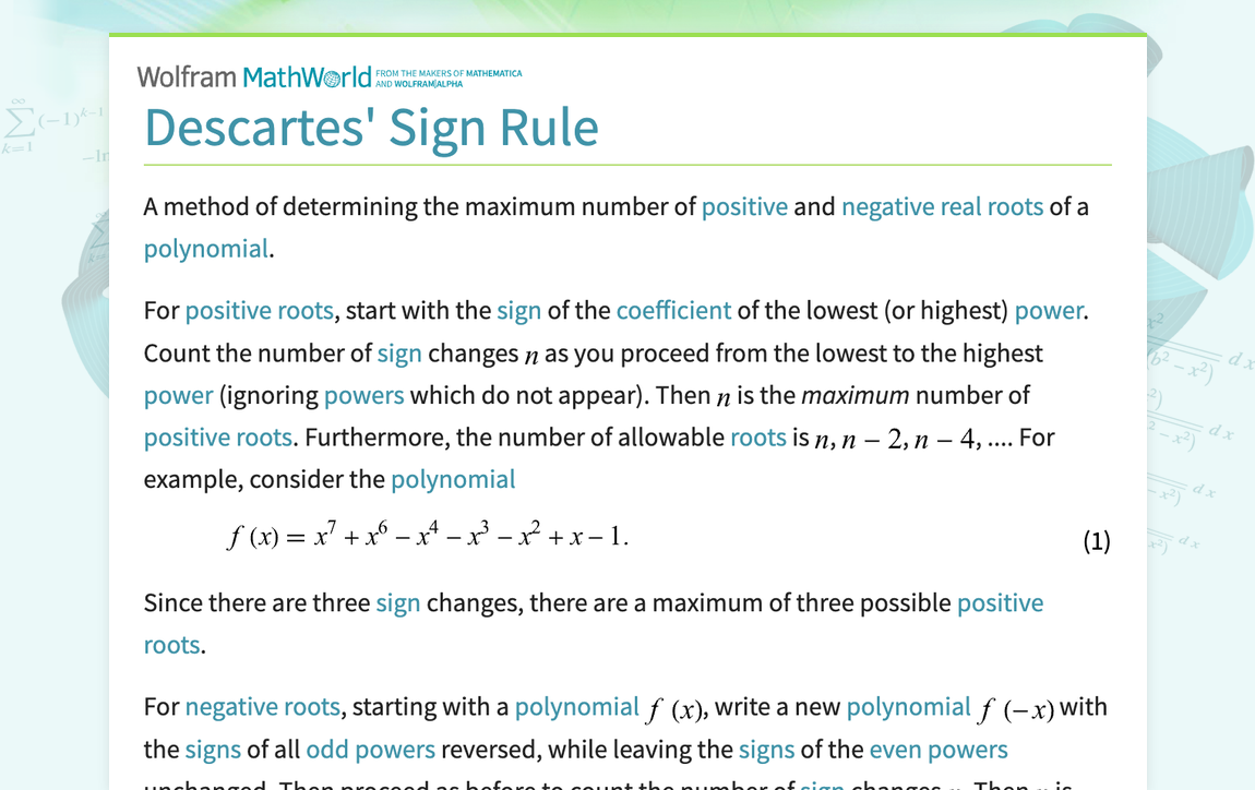 Descartes' Sign Rule -- from Wolfram MathWorld
