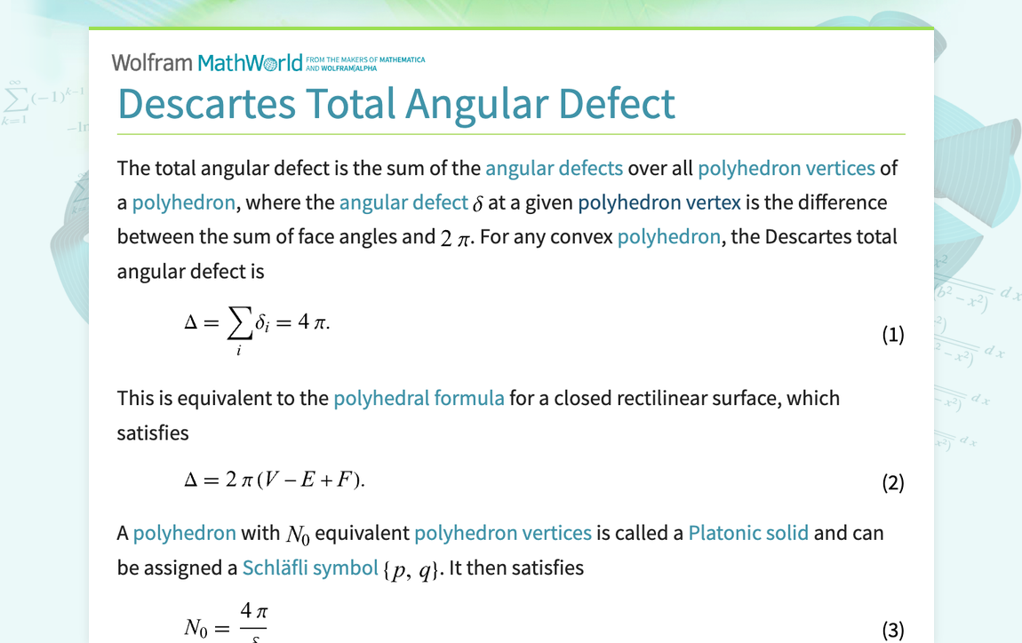 Descartes Total Angular Defect -- from Wolfram MathWorld