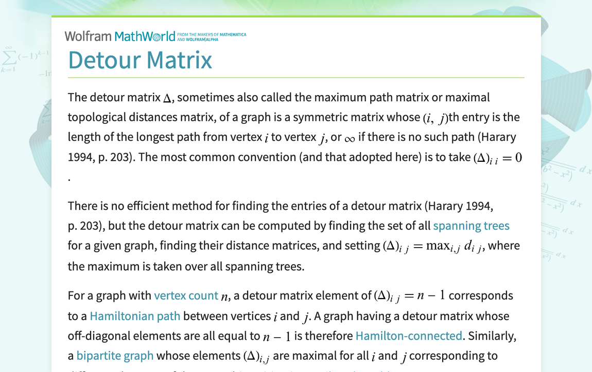 Detour Matrix -- from Wolfram MathWorld