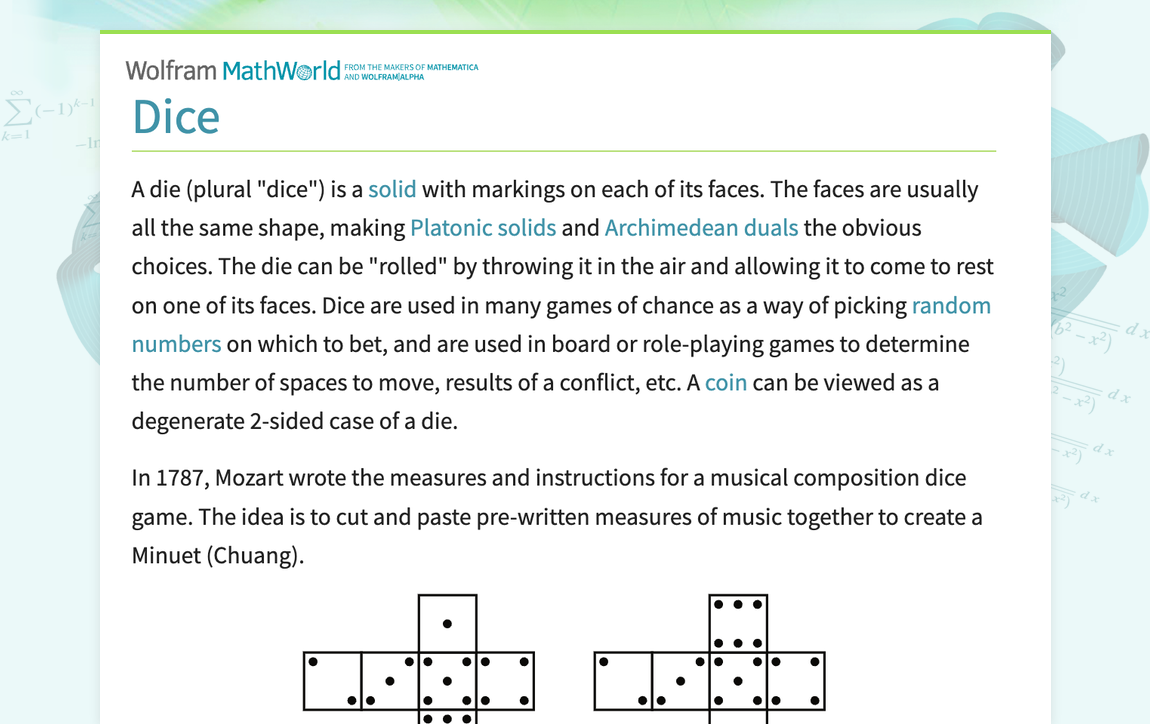 Dice -- from Wolfram MathWorld