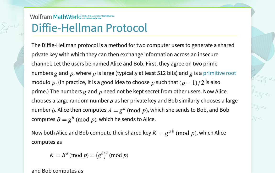 Diffie-Hellman Protocol -- from Wolfram MathWorld