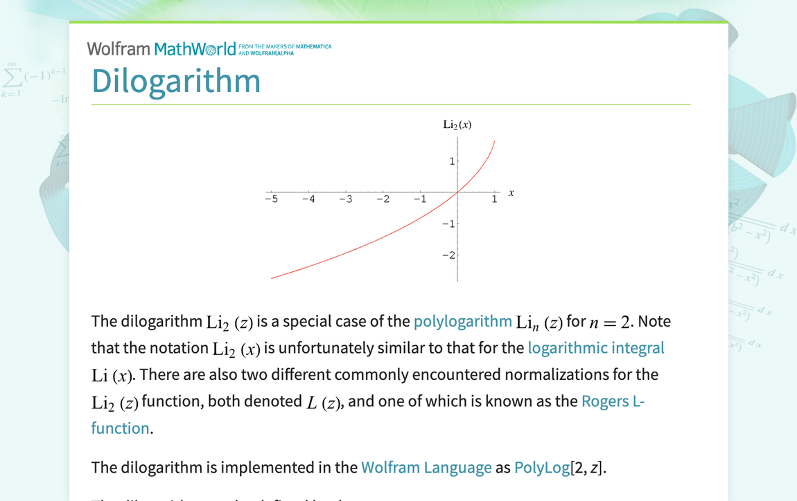 Dilogarithm -- from Wolfram MathWorld