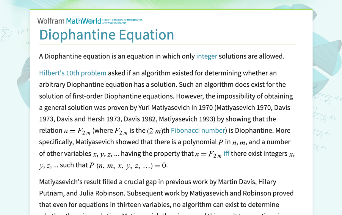 Diophantine Equation -- from Wolfram MathWorld