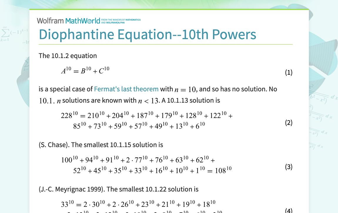 Diophantine Equation--10th Powers -- from Wolfram MathWorld