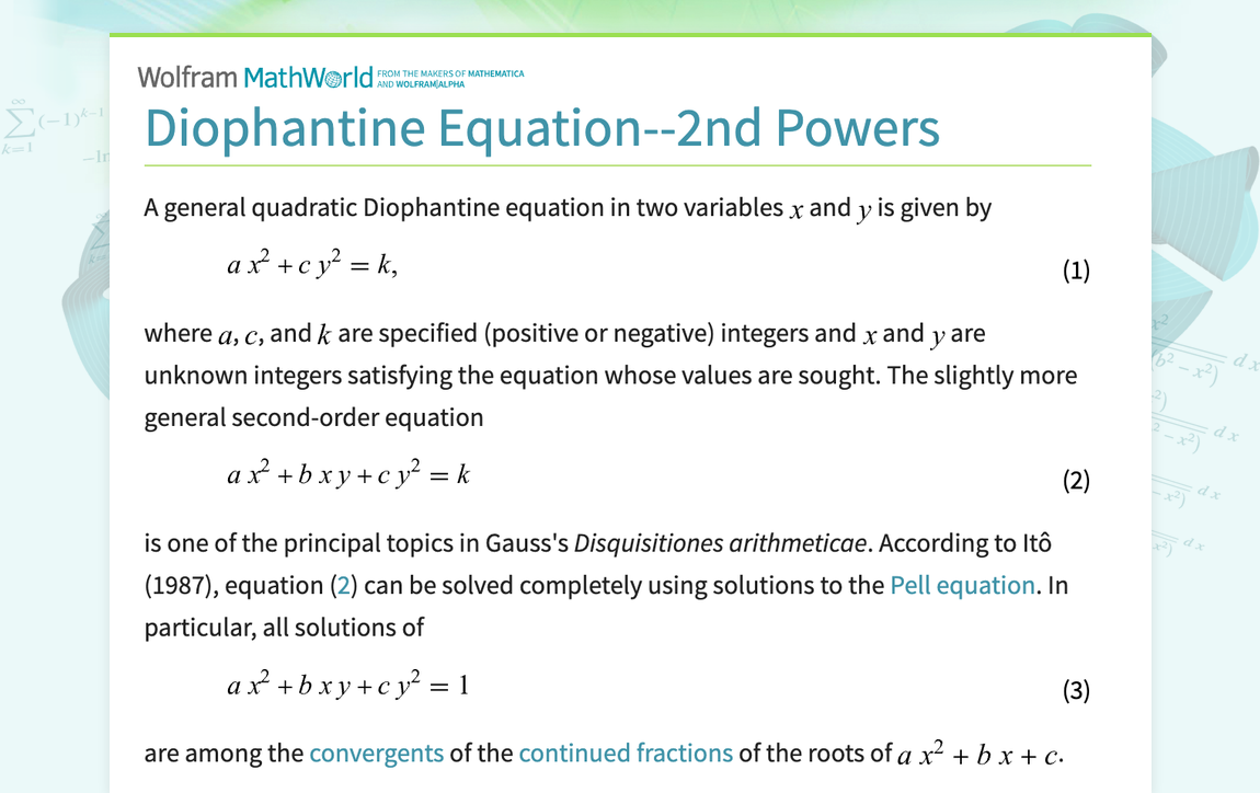 Diophantine Equation--2nd Powers -- from Wolfram MathWorld
