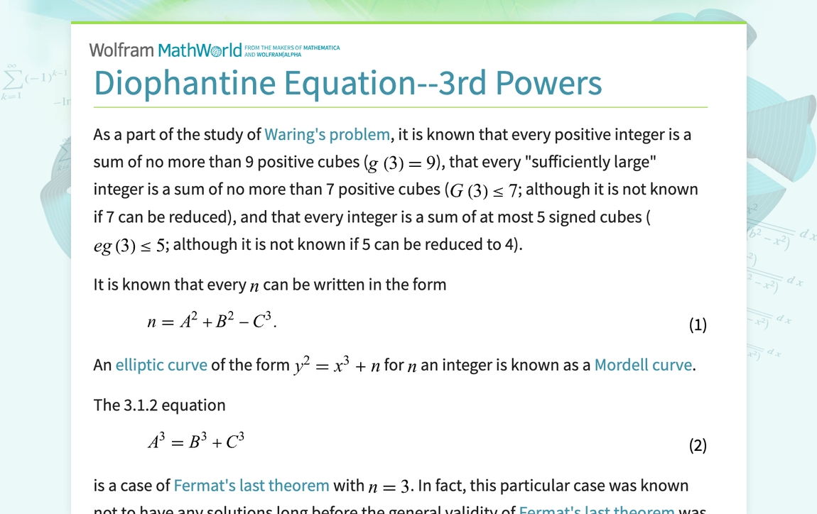 Diophantine Equation--3rd Powers -- from Wolfram MathWorld