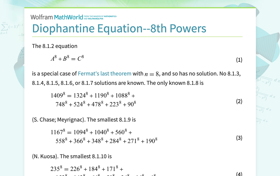 Diophantine Equation--8th Powers -- from Wolfram MathWorld