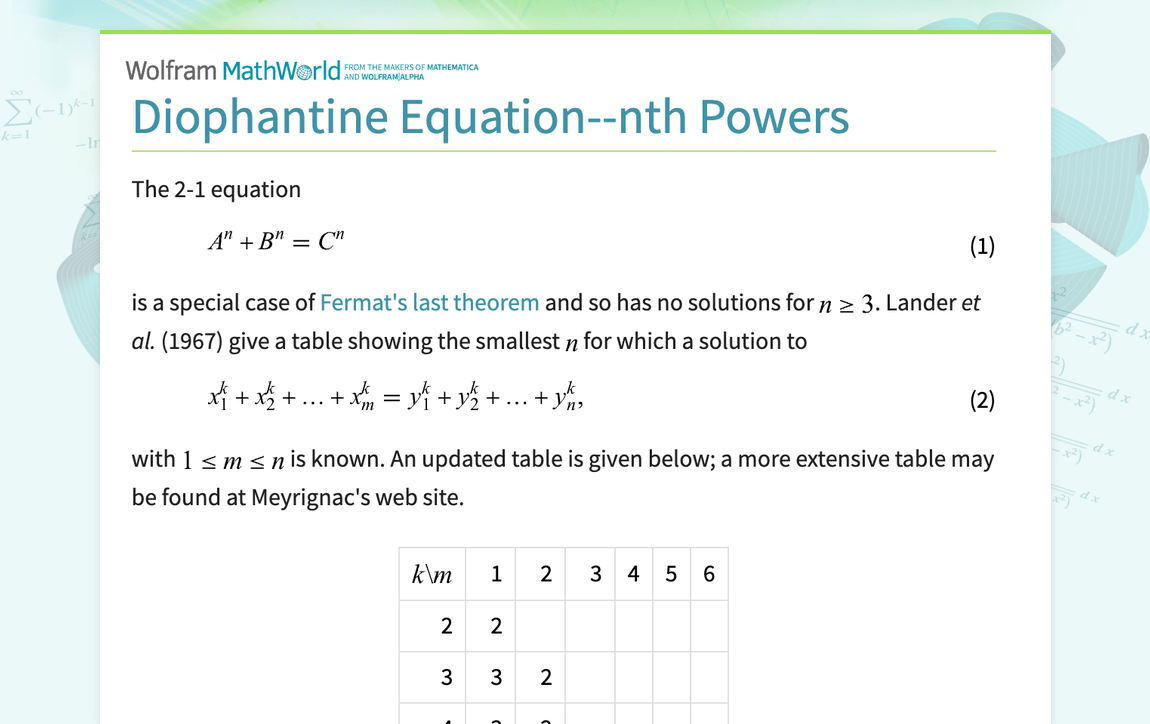 Diophantine Equation--nth Powers -- from Wolfram MathWorld