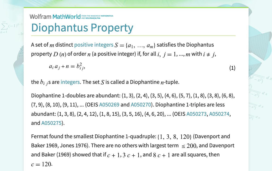 Diophantus Property -- from Wolfram MathWorld