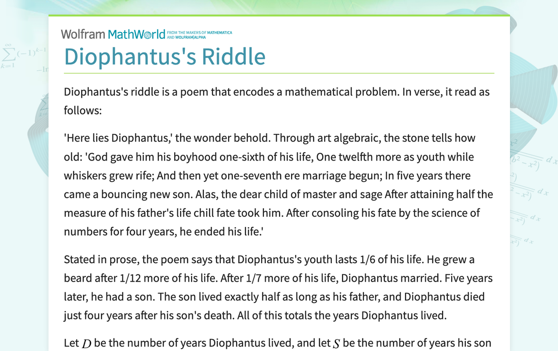 Diophantus's Riddle -- from Wolfram MathWorld