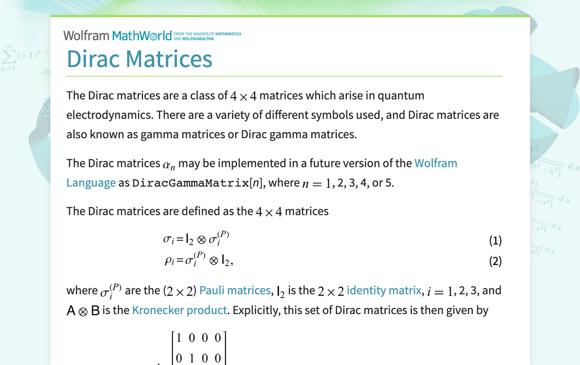 Dirac Matrices -- from Wolfram MathWorld