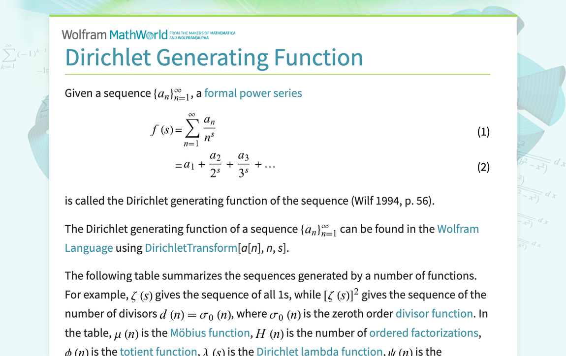 Dirichlet Generating Function From Wolfram Mathworld