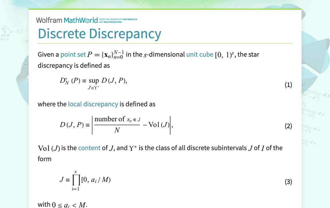 Discrete Discrepancy -- from Wolfram MathWorld