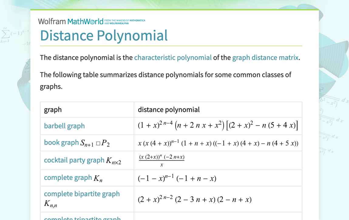 Distance Polynomial -- from Wolfram MathWorld