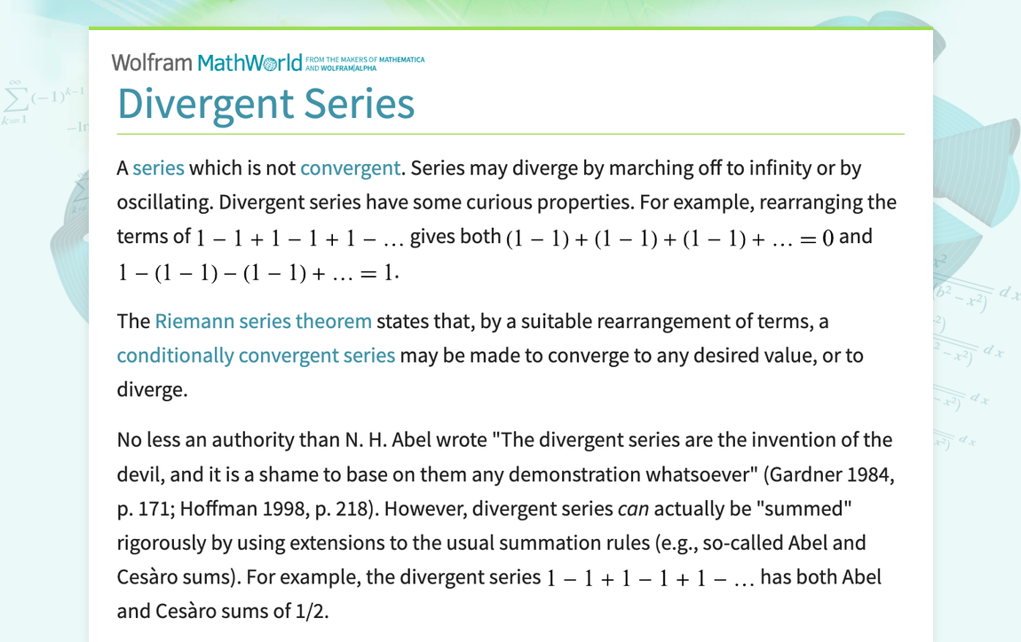 Divergent Series -- from Wolfram MathWorld