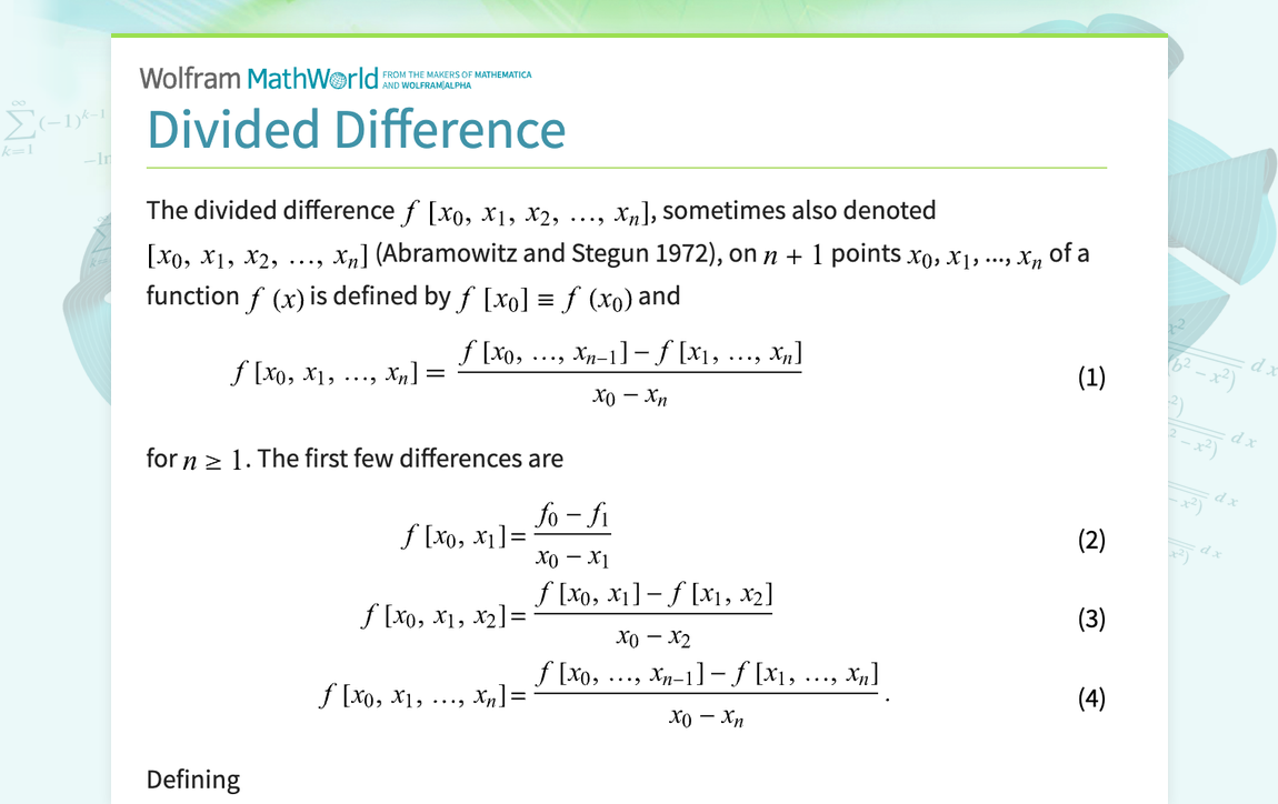Divided Difference -- from Wolfram MathWorld