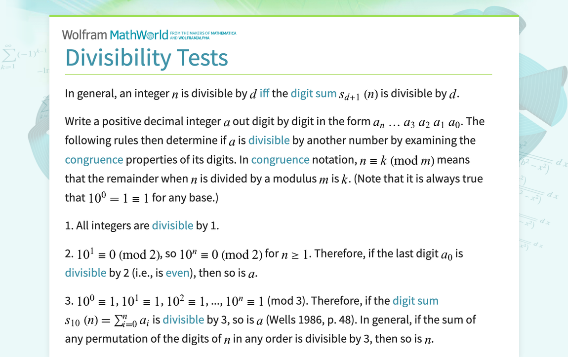 Divisibility Tests -- from Wolfram MathWorld