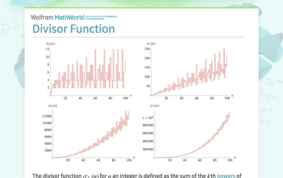 Divisor Function From Wolfram Mathworld