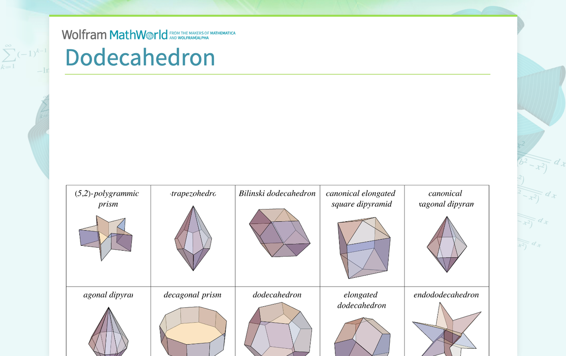 Dodecahedron -- from Wolfram MathWorld Dodecahedron -- from Wolfram MathWorld