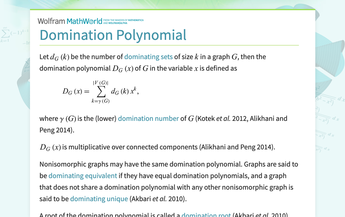 Domination Polynomial -- from Wolfram MathWorld