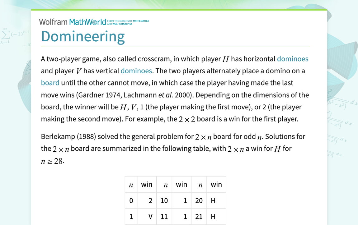 Domineering -- from Wolfram MathWorld
