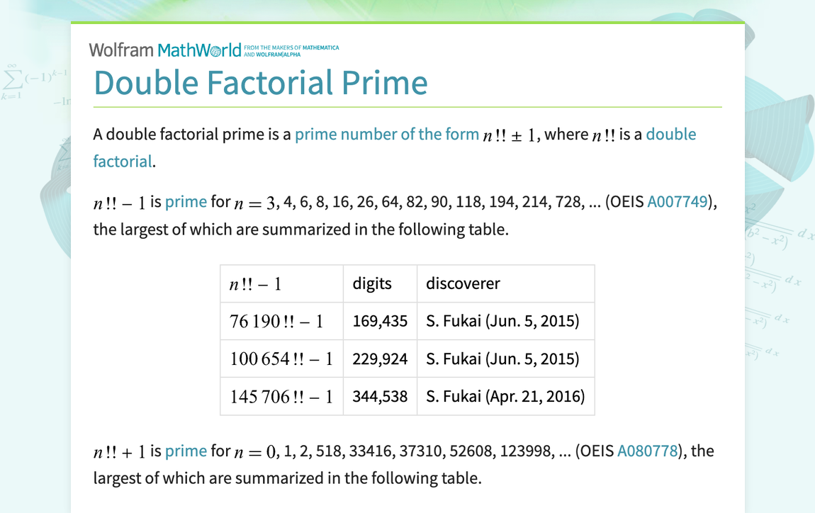 Double Factorial Prime -- from Wolfram MathWorld