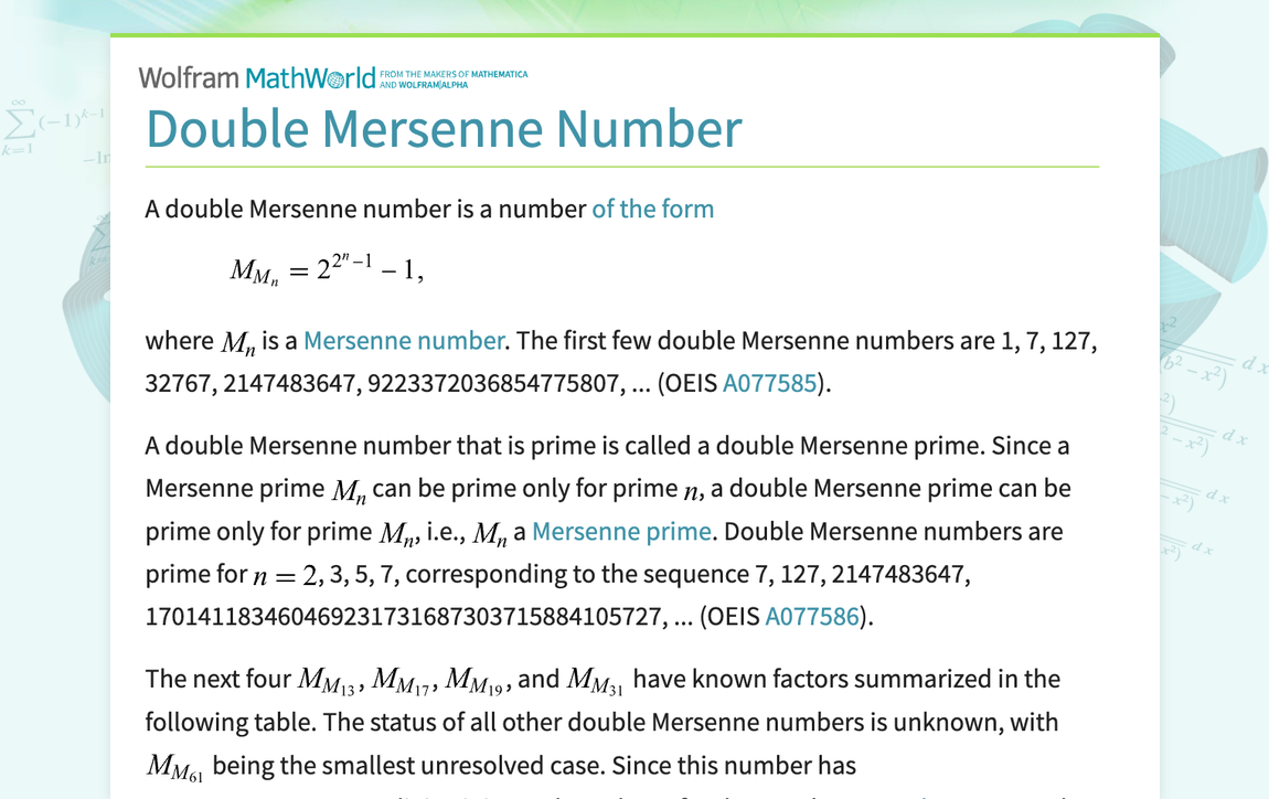 Double Mersenne Number -- from Wolfram MathWorld